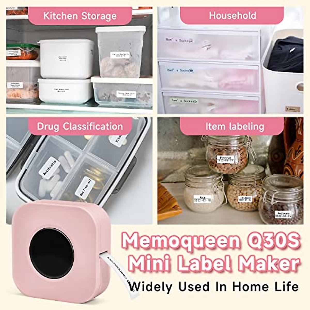 Memoqueen Label Makers Machine with 3 Tapes Q30S Handheld Bluetooth Mini Sticker Thermal Label Printer, Easy-to-Use for Home Office Organization, Rich Icon Font Multiple Templates,Pink