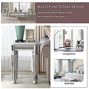 3-Piece Coffee table and End Tables Set,Glass Mirrored Coffee Table with Adjustable Height Legs and Crystal Design,Fashionable Cocktail Table,Easy Assembly Rectangular Glass Coffee Table,Silver