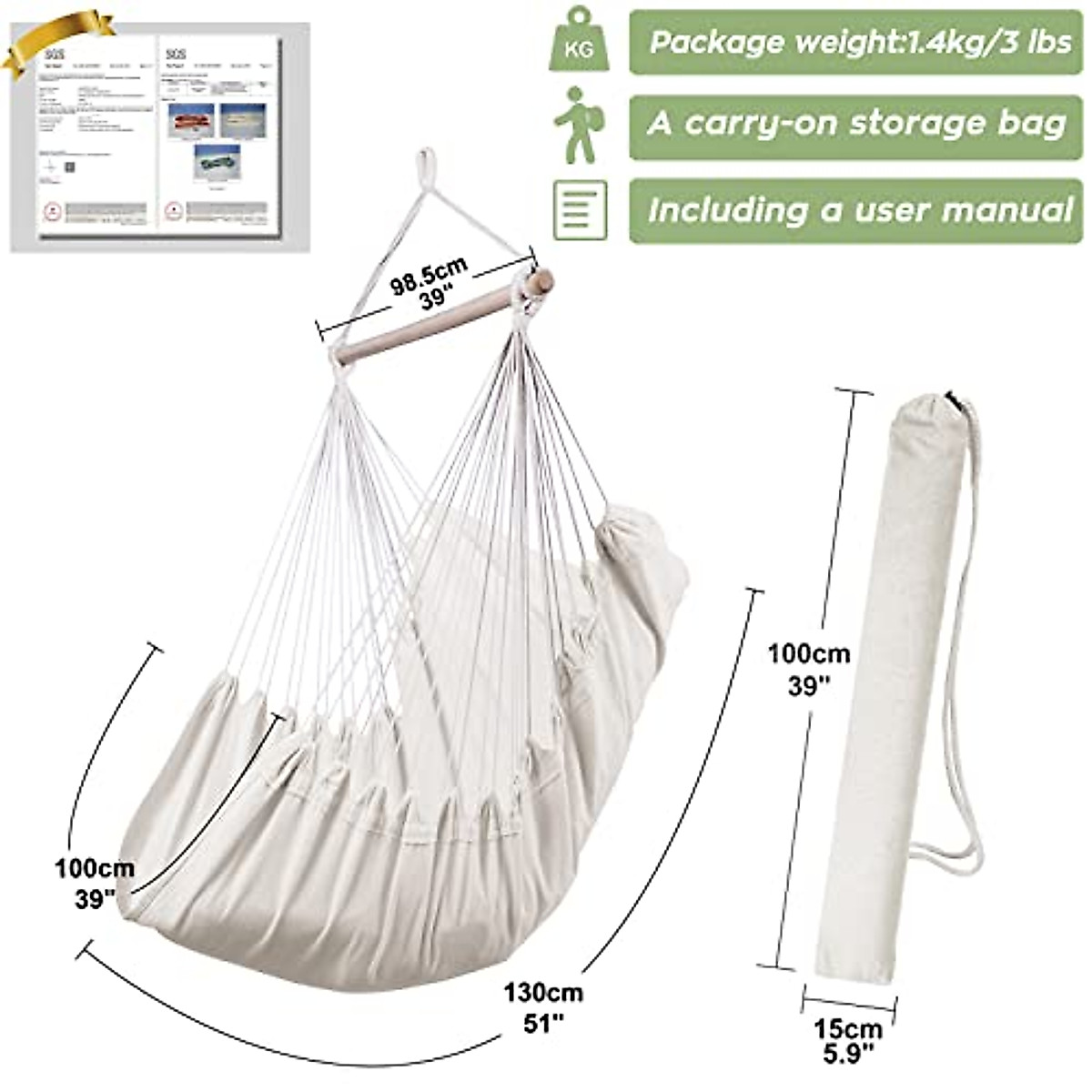 Chihee Hammock Chair Swing Chair Max 330 lbs Large Hanging Seat Patio Lawn Hanging Chair Relax Cotton Weave for Superior Comfort Durability Perfect for Indoor/Outdoor Home Bedroom Deck Yard Garden