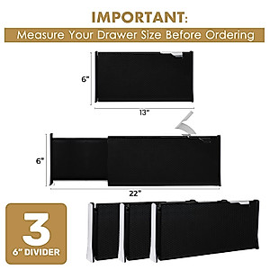 RAPTUROUS Deep Drawer Dividers 3 Pack, 6 Inch Tall, 13-22 Inch Long Expandable, Adjustable Drawer Organizer for Clothing, Dresser, Kitchen, Strong Hold, Soft Foam Edges, Black