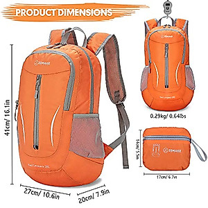 ZOMAKE Ultra Lightweight Packable Backpack 25L, Foldable Hiking Backpacks Water Resistant Small Folding Daypack for Travel(Orange)