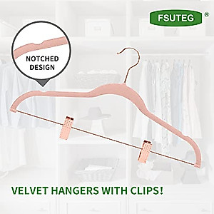 FSUTEG Velvet Pants Hangers, 24pack-16.7 Inch Coat Hangers with Rose Gold Colored Movable Clips, Heavy-Duty, Non-Slip, Space-Saving Blush Pink Skirt Hangers