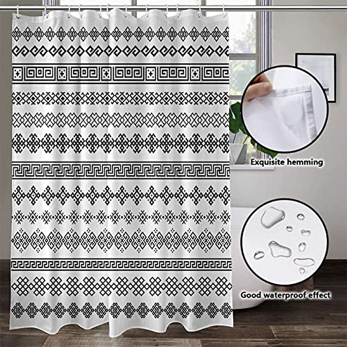 4 Pcs Black and White Shower Curtain Sets with Non-Slip Rugs,Toilet Lid Cover and U-Shaped Mat,Bohemian Geometric Waterproof Durable Shower Curtains for Bathroom
