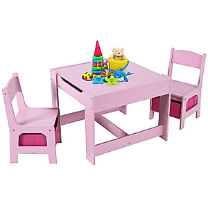 Arlopu Kids Table and 2 Chairs Set, 3-in-1 Wooden Activity Table, w/Detachable Storage Drawer, Drawing Reading Black Board Desk, Art Craft, Playroom, Nursery (Natural)
