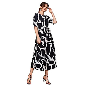 WDIRARA Women's Printed Short Sleeve Round Neck Belted Long Dress Elegant Dresses Black L