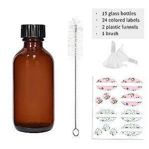 15 Pack Glass Amber Boston Bottles with Black Poly Cone Cap, 2 oz Round Glass Bottle for Essential Oil, Perfume and Liquid, Contains 24 Colored Labels, 2 Funnels, 1 Brush