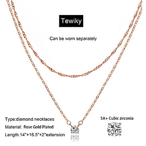 Tewiky Rose Gold Necklace, 14k Rose Gold Plated Layered Diamond Necklaces, Chain Choker Necklaces for Women CZ Solitaire Simple Rose Gold Jewelry for Womens