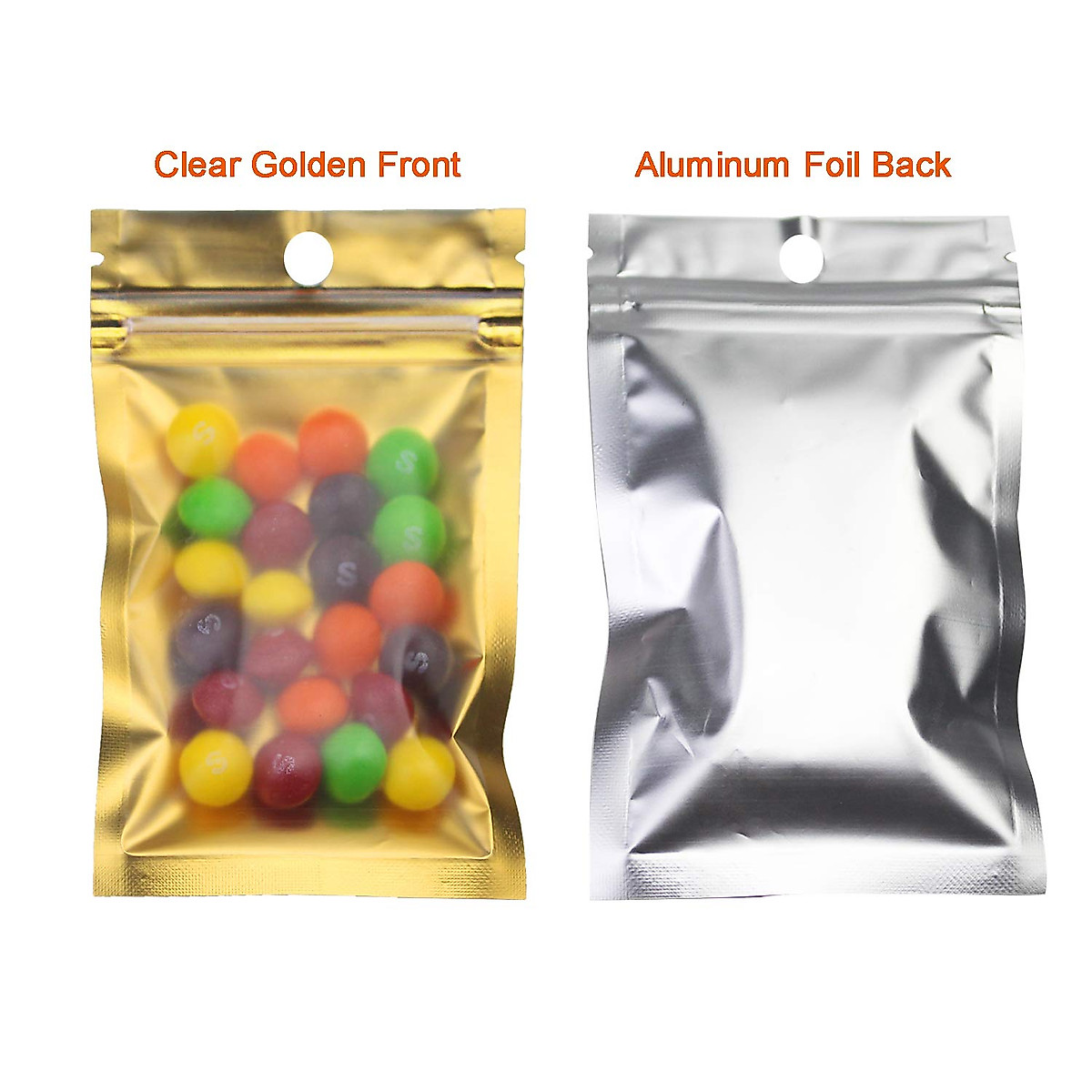 Luckkyme 200 Pack Mylar Zip Lock Bags Aluminum Foil Bags Durable Double-Sided Metallic Foil Mylar Flat Mini Ziplock Bag 7.5 x 12 cm/ 3 x 4.7 Inch (Gold)