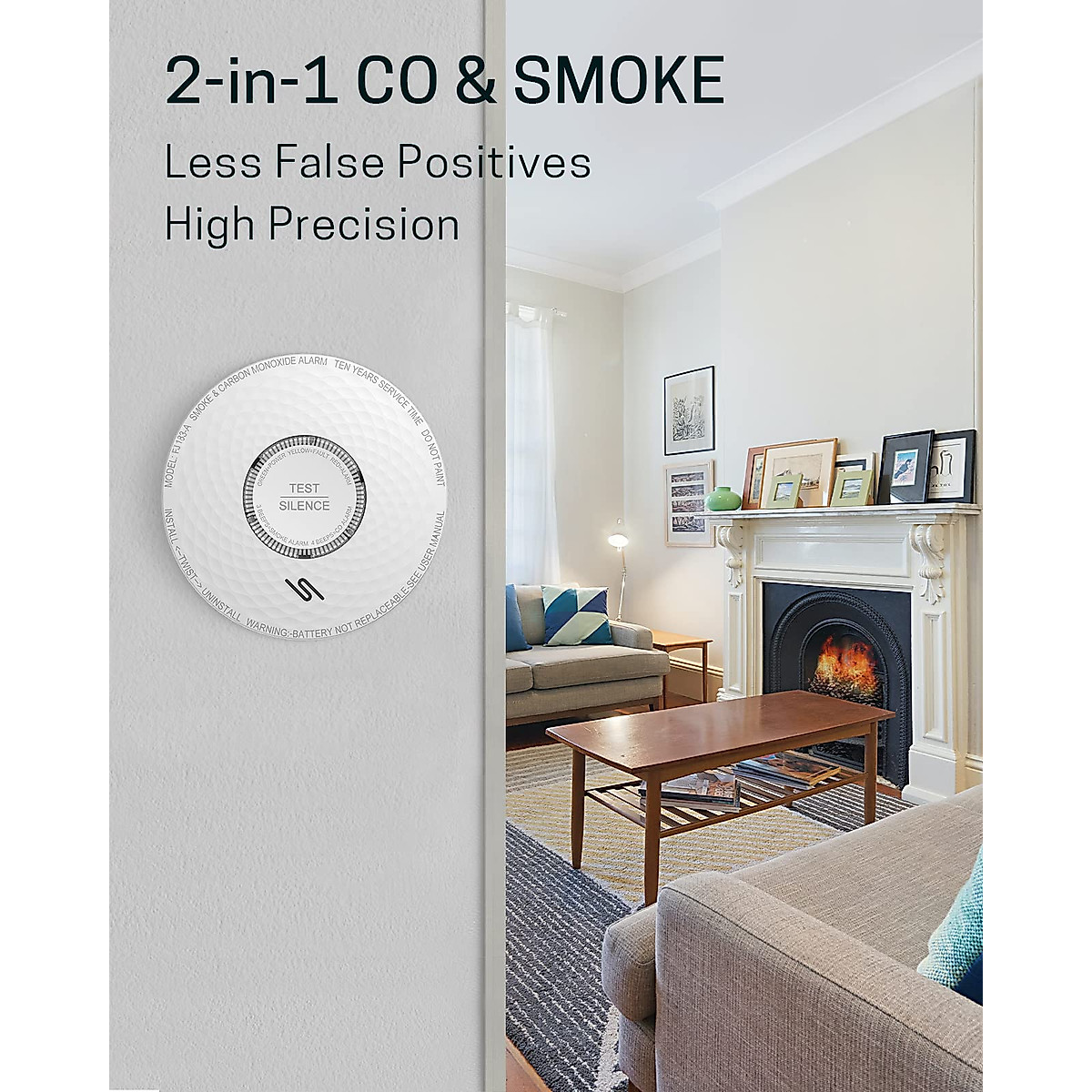 Ecoey 10-Year Smoke and Carbon Monoxide Detector, Dual Sensor Smoke CO Alarm with Built-in Battery and Silence Function,FJ183-A,4 Packs