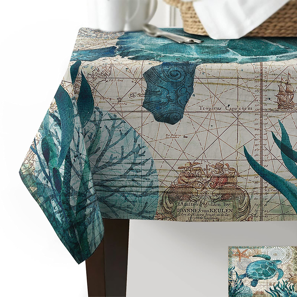 Rectangle Tablecloth 52x70inch, Sea Turtle, Vinyl Table Covers Waterproof Oilcloth Table Cloth Linens, Farmhouse Tablecloths for Outdoor Dining Wedding Party Camping, Ocean Animal Watercolor
