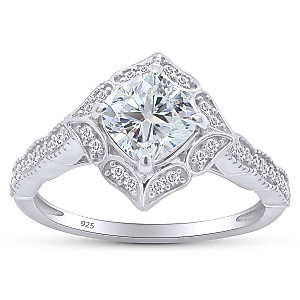 SAVEARTH DIAMONDS Vintage Floral Design, Center 6X6MM Cushion Cut Lab Created Moissanite Engagement Wedding Ring 14k White Gold Over Sterling Silver Jewelry For Women Gifts For Her (1 Cttw) Size-10