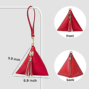 Women Leather Clutch Wallet Triangle Wristlet Purse with Wrist Strap Red