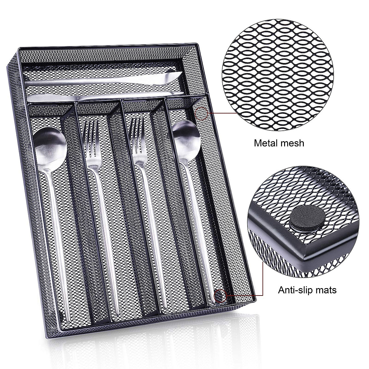 WuGeShop Kitchen Utensil Organizer,Cutlery Holder Organizer in Drawer for Flatware,Utensil Storage Flatware Tray with Anti-slip Mats(Black)