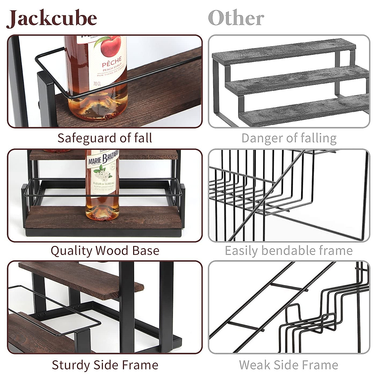 J JACKCUBE DESIGN Coffee Syrup Organizer Rack, Rustic Wood and Metal Wire, 3-Tier 12 Bottles Compartment Display Holder Coffee Station Bar Accessory for Syrup, Wine, Dressing(Black) - MK815A