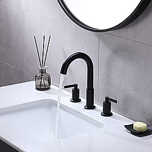 KINGO HOME Widespread Matte Black 3 Hole Bathroom Faucet, 2 Handle Black Bathroom Sink Faucet Modern Vanity Faucet with Supply Hoses, Pop Up Drain Stopper for Bathroom Sink