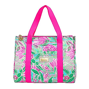 Lilly Pulitzer Cute Lunch Bag for Women, Large Capacity Insulated Tote Bag, Pink/Green Mini Cooler with Storage Pocket and Shoulder Straps, Coming in Hot