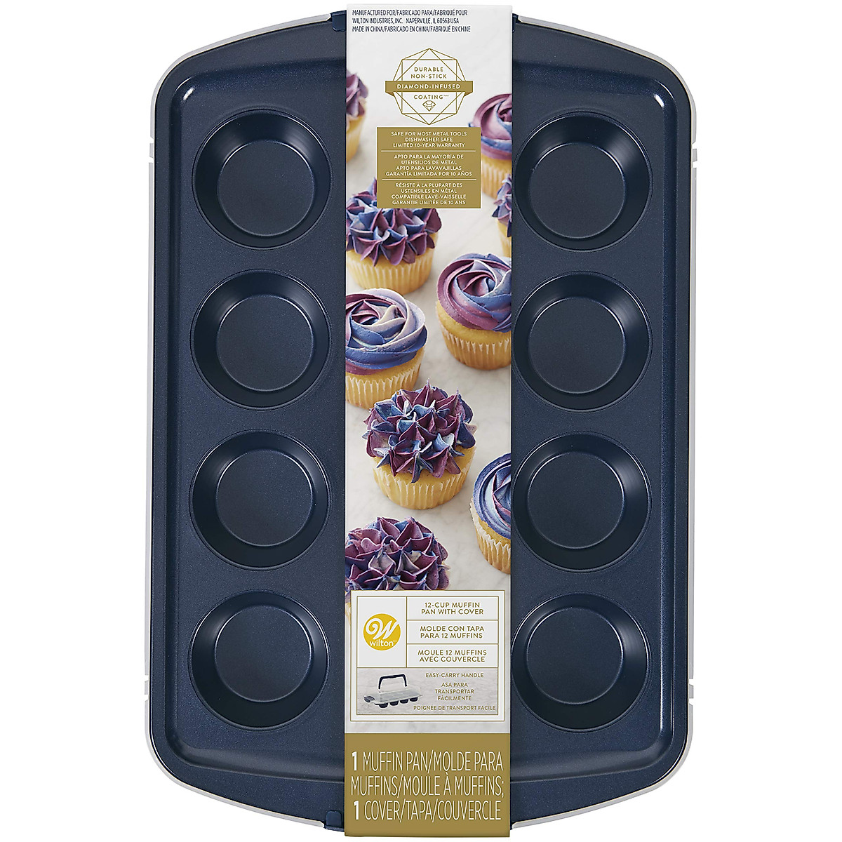Wilton Diamond-Infused Non-Stick Navy Blue Muffin and Cupcake Pan with Cover, 12-Cup, Steel