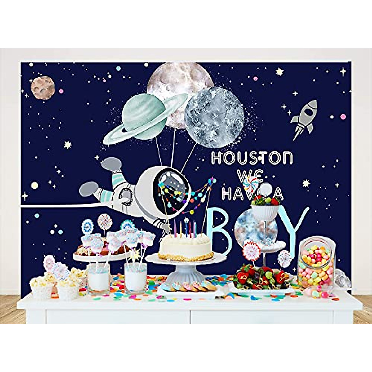 Ticuenicoa 7x5ft We Have A Boy Backdrop for Baby Shower Outer Space Rocket Astronaut Theme Babyshower Backdrops Night Sky Hanging Stars Planet Galaxy Photo Background Kids Birthday Party Decoration