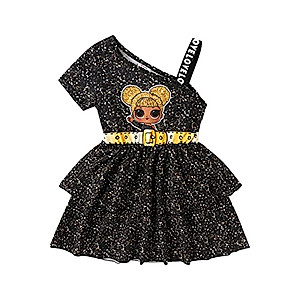 L.O.L. Surprise! Girls Tiered Dress Figure Print Layered One Shoulder Casual Dress Flowy Dress Size 6-12 Black 8-9 Years