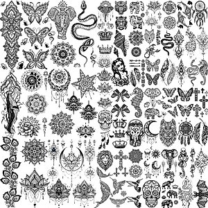 Shegazzi 58 Sheets Black Lace Temporary Tattoos For Women Girls, Large Lotus Mandala Flower Snake Elephant Butterfly Fake Adults Kit, Indian Tribal Skull Arm Sleeve Neck Tatoos Wedding