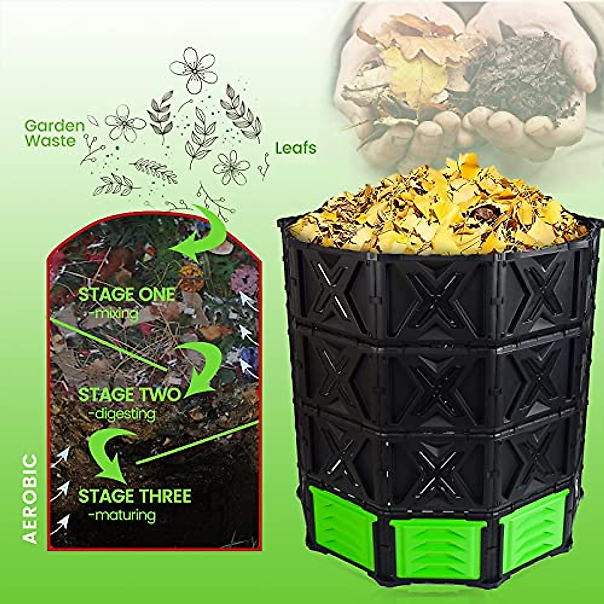 SQUEEZE master XXL Large Compost Bin Outdoor- 720L /190 Gallon-Easy Assembly-No Screws-BPA Free-Sturdy& Durable-Green Door