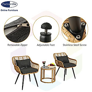 Furnivilla Patio Porch Furniture Sets 3 Pieces PE Rattan Wicker Chairs with Tempered Glass Table for Backyard Garden Porch (Beige/Black)