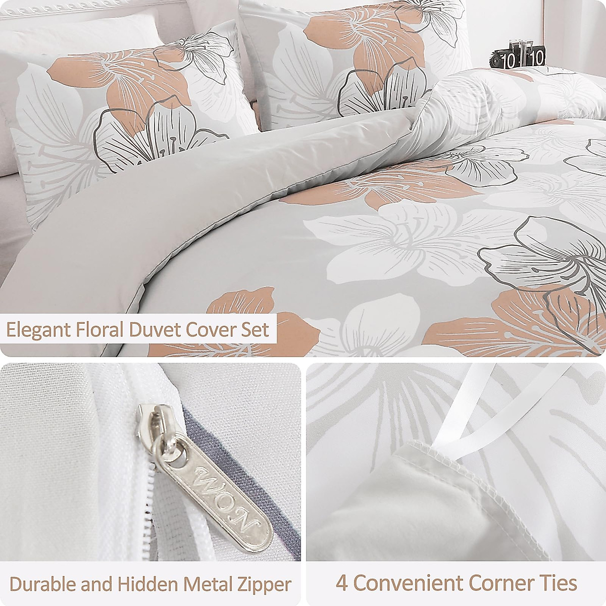 Xruibed Duvet Cover Set Queen Size Pink Blush Floral Pattern Comforter Cover Elegant Flower Duvet Cover with 2 Pillow Cases Lightweight Floral Bedding Cover Set All Season (Queen,90"x90")