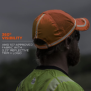 Ergodyne GloWear 8930 High Vis Baseball Hat, Breathable Mesh Paneling, Reflective Trim for Enhanced Visibility,Orange