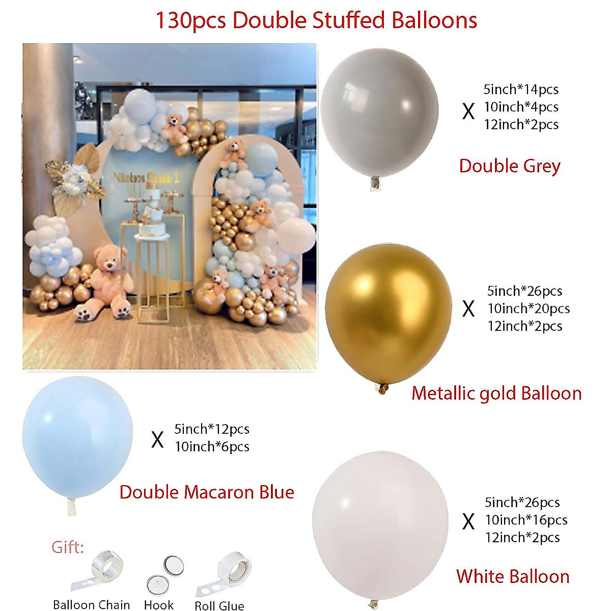 130pcs Dusty Blue Balloons Garland Kit, Fog Blue Royal Blue Pastel Blue Sand White Metallic Gold latex Balloons for Boy Baby Shower Bridal Shower Wedding Anniversary Birthday Party