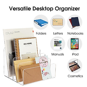 MaxGear Acrylic File Holder 4 Section, Acrylic File Organizer for Desk File Folder Holder File Sorter Vertical Acrylic Desk Organizer for Letter, Document, Notebook, Clear