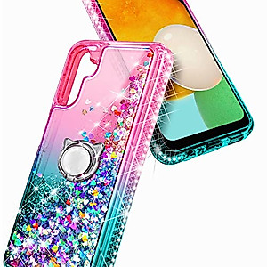 NZND Case for Samsung Galaxy A13 5G with Tempered Glass Screen Protector (Maximum Coverage), Ring Holder/Wrist Strap, Glitter Liquid Floating Waterfall Durable Girls Cute Phone Case (Pink/Aqua)