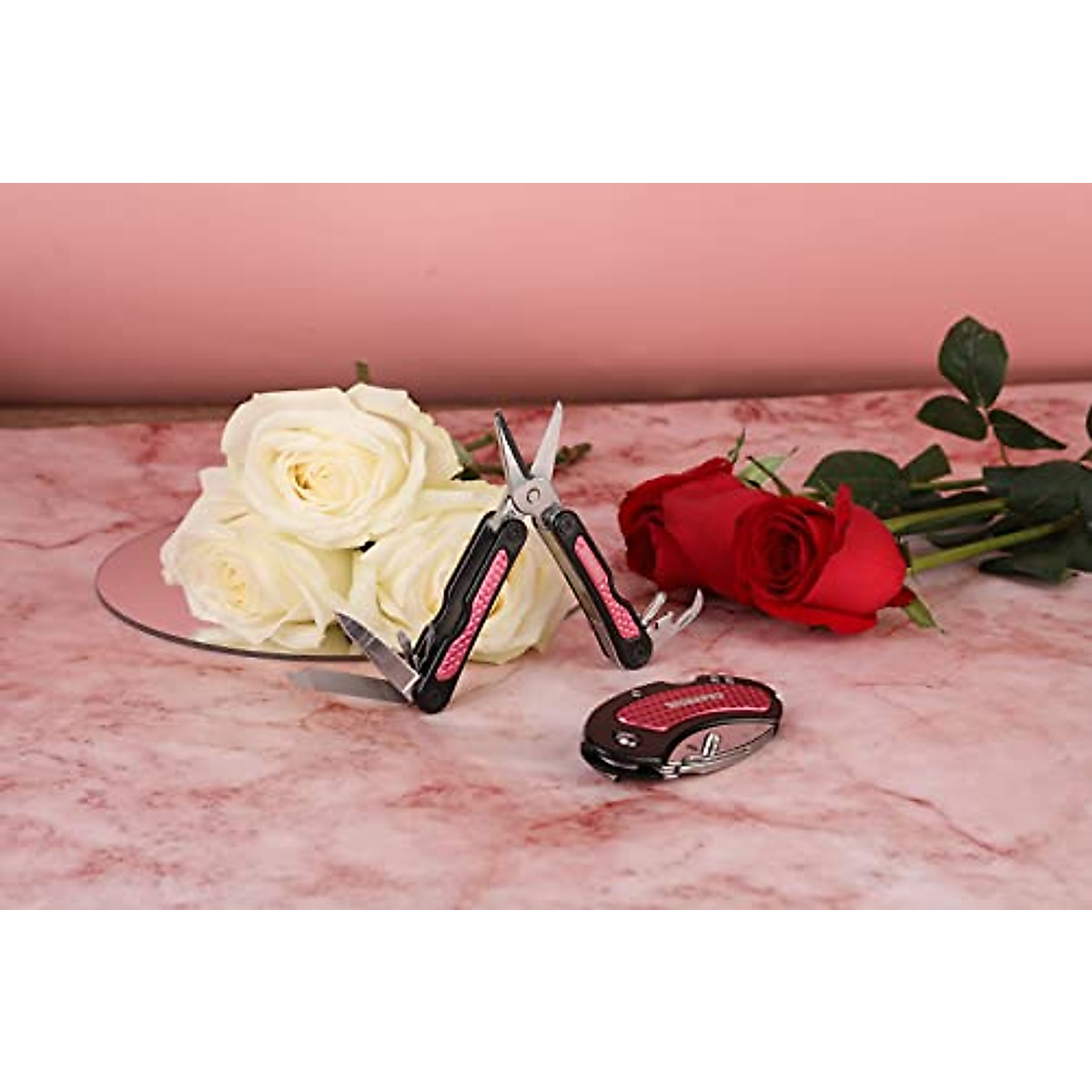 WORKPRO Pink Utility Knife & Multi Tool Set, Folding Box Cutter, Quick Change Blade, 8 in 1 Multi Function Scissor- Portable Pocket Tools for Outdoors, Camping, Fishing, Hiking - Pink Ribbon