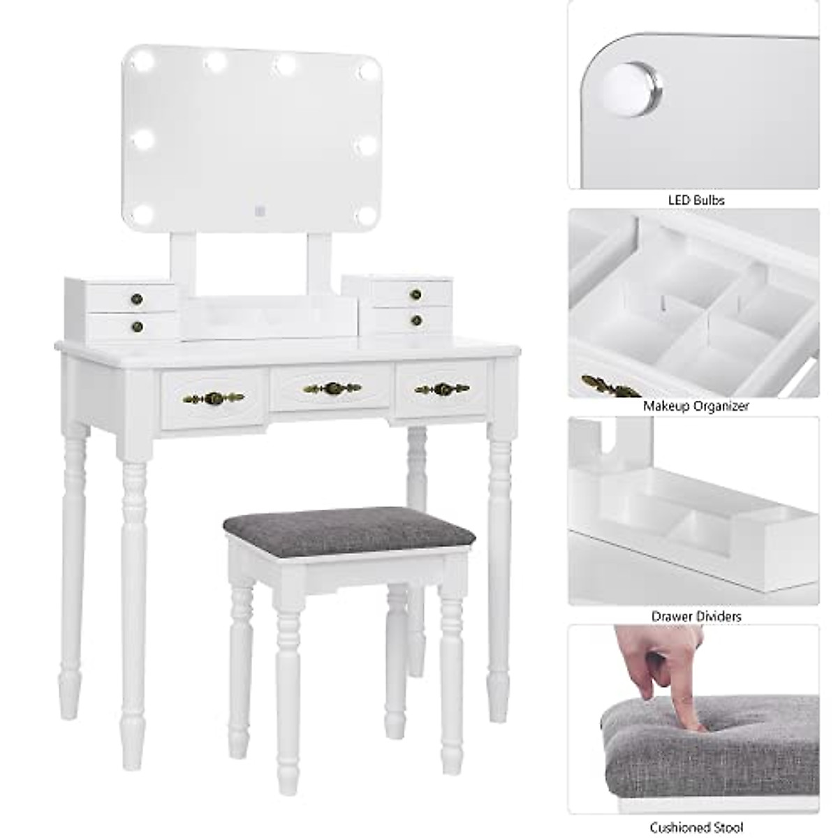 BEWISHOME Vanity Desk with Mirror and Lights, Makeup Vanity with Lights, Vanity Table with 8 LED Bulbs & 3 Colors Lighting, White Vanity Set with 7 Drawers & Stool, Dressing Table Makeup Desk FST13W