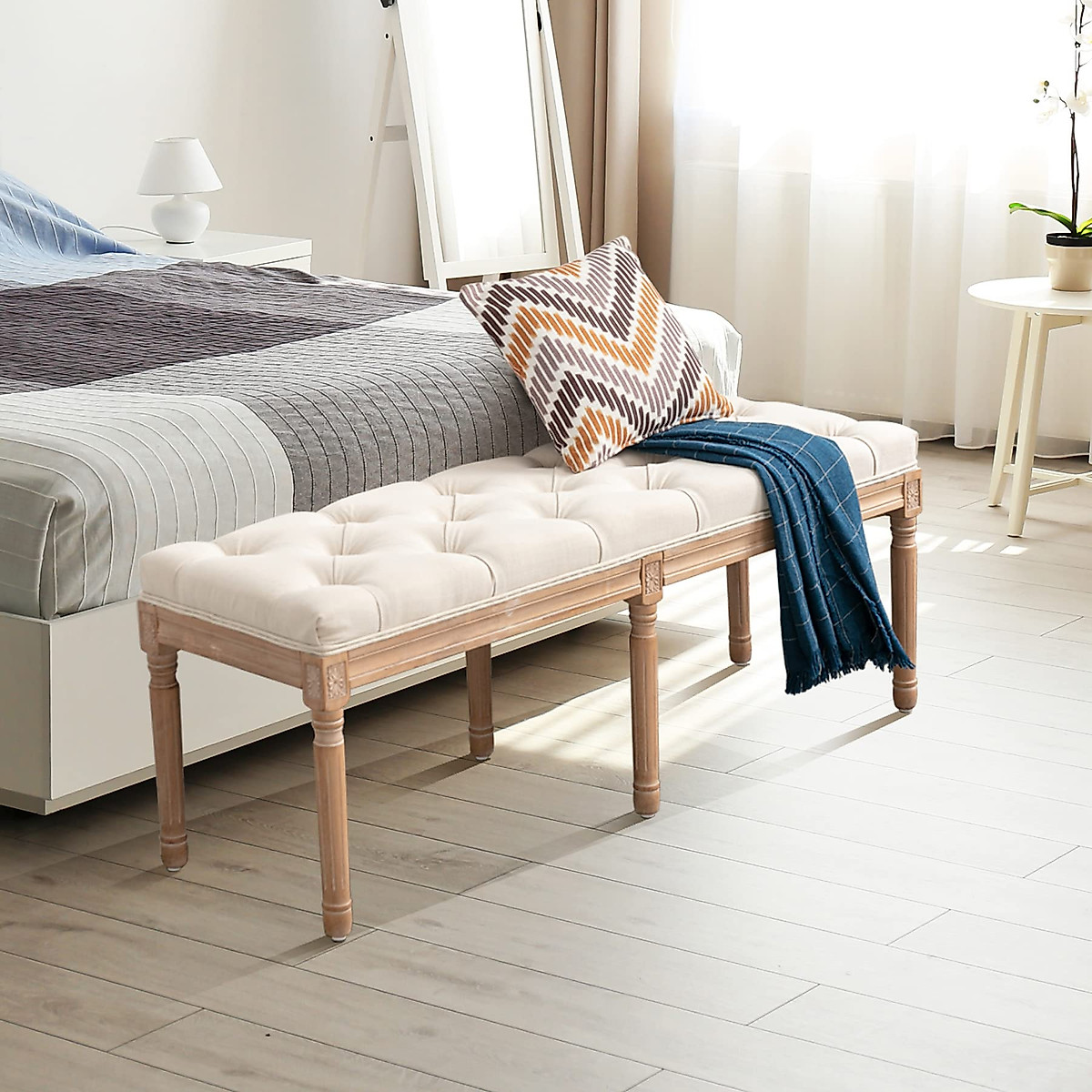 Bonzy Home Tufted Extra-Long Entryway Bench, 47” French Vintage Bedroom Benches Upholstered Dining Benches, Fabric End of Bed Bench for Bedroom Dining Room Living Room Entryway, Beige