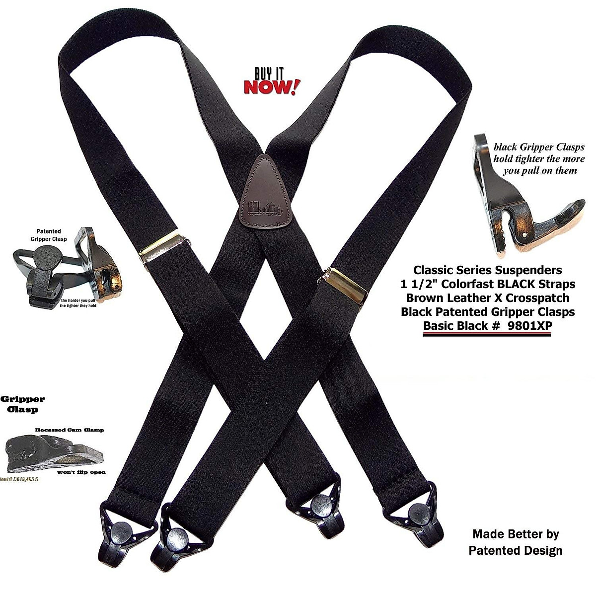 HoldUp Brand Classic Series Black 1 1/2" Suspenders for Men with USA Patented Black Gripper Clasp