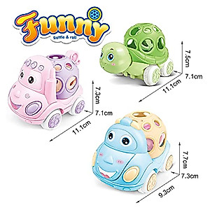 Tepear Baby Girl Rattle Roll Car Push Vehicles Soft Rubber Toy 6 12 Months Infant Boys Walker Toddler, 3pcs Fiction Power Truck Learning Gift for 1 2 3 Year Old Kid