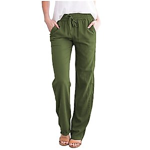 Women Casual Pant Wide Leg for Women Casual Elastic Linen Straight Cotton Women Best Linen Pants for Petites Army Green