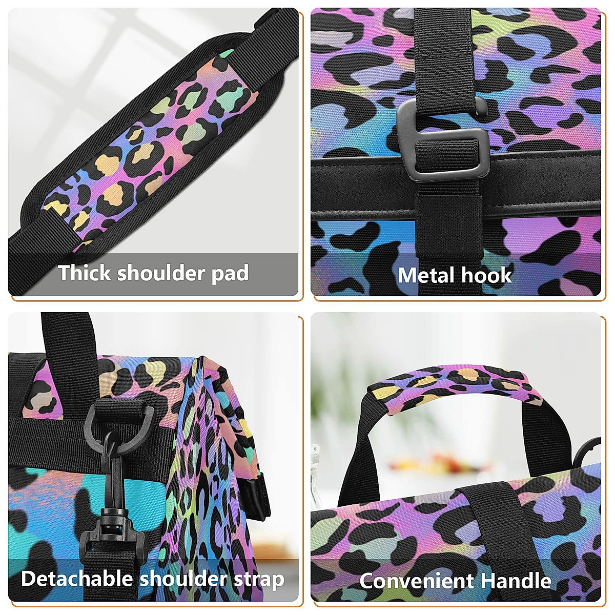 MNSRUU Insulated Lunch Bags Women Men, Rainbow Leopard Portable Reusable Thermal Meal Tote Cooler Bag Organizer, Adjustable Shoulder Strap, Handle