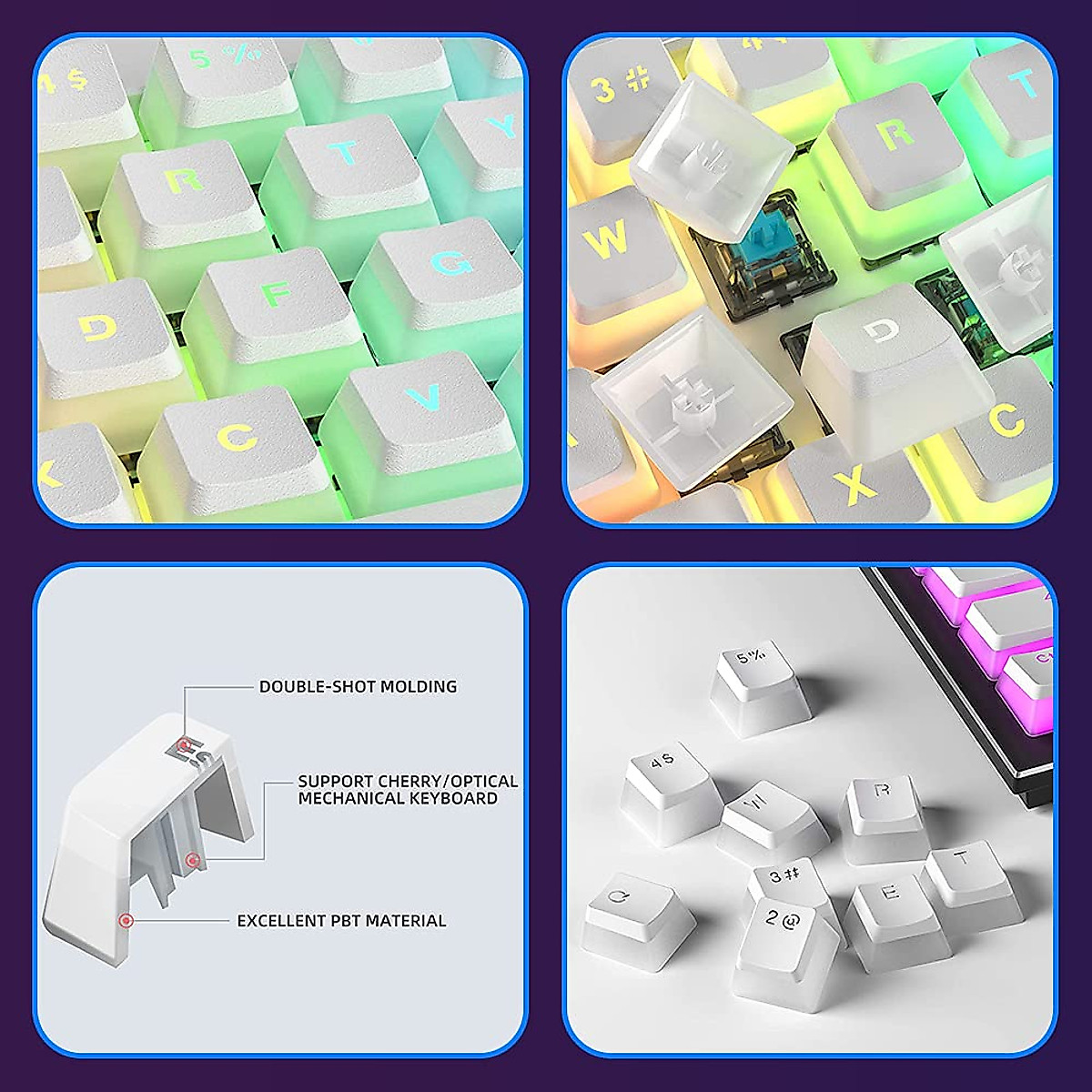 MANBASNAKE Pudding Keycaps Double Shot PBT Keycap Set with Translucent Layer,for 104 87 61 Keys RGB Backlit Mechanical Keyboards,OEM Profile,US Layout-White