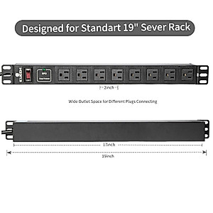 KUEEN 19" 1U Rack Mount PDU Power Strips,Server Rack Power Distribution Unit, 8 Power outlets,16AWG SJT 6.6ft Cord,1U/15A/125V, Aluminum Alloy with Surge Protector and Circuit Breaker on/Off Switch