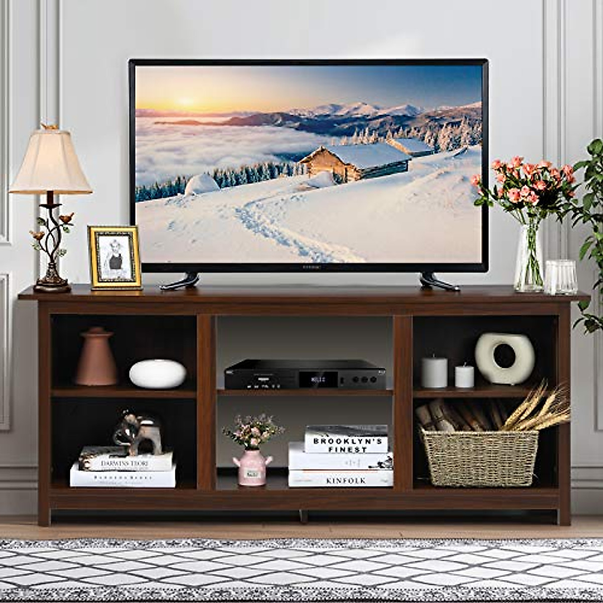 Tangkula Farmhouse Universal TV Stand for TV's up to 65" Flat Screen, Home Living Room Entertainment Center w/4 Open Shelves, TV Console Table for 18 Inch Electric Fireplace (Not Included), Coffee
