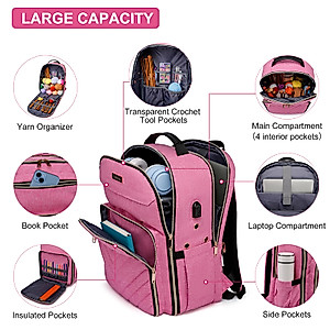 Knitting Bag Backpack, Crochet Bag Tote, Large Yarn Storage Tote Bag with USB Charging Port, Yarn Holder Case for Carrying Projects, Knitting Needles, Yarn Supplies, Pink