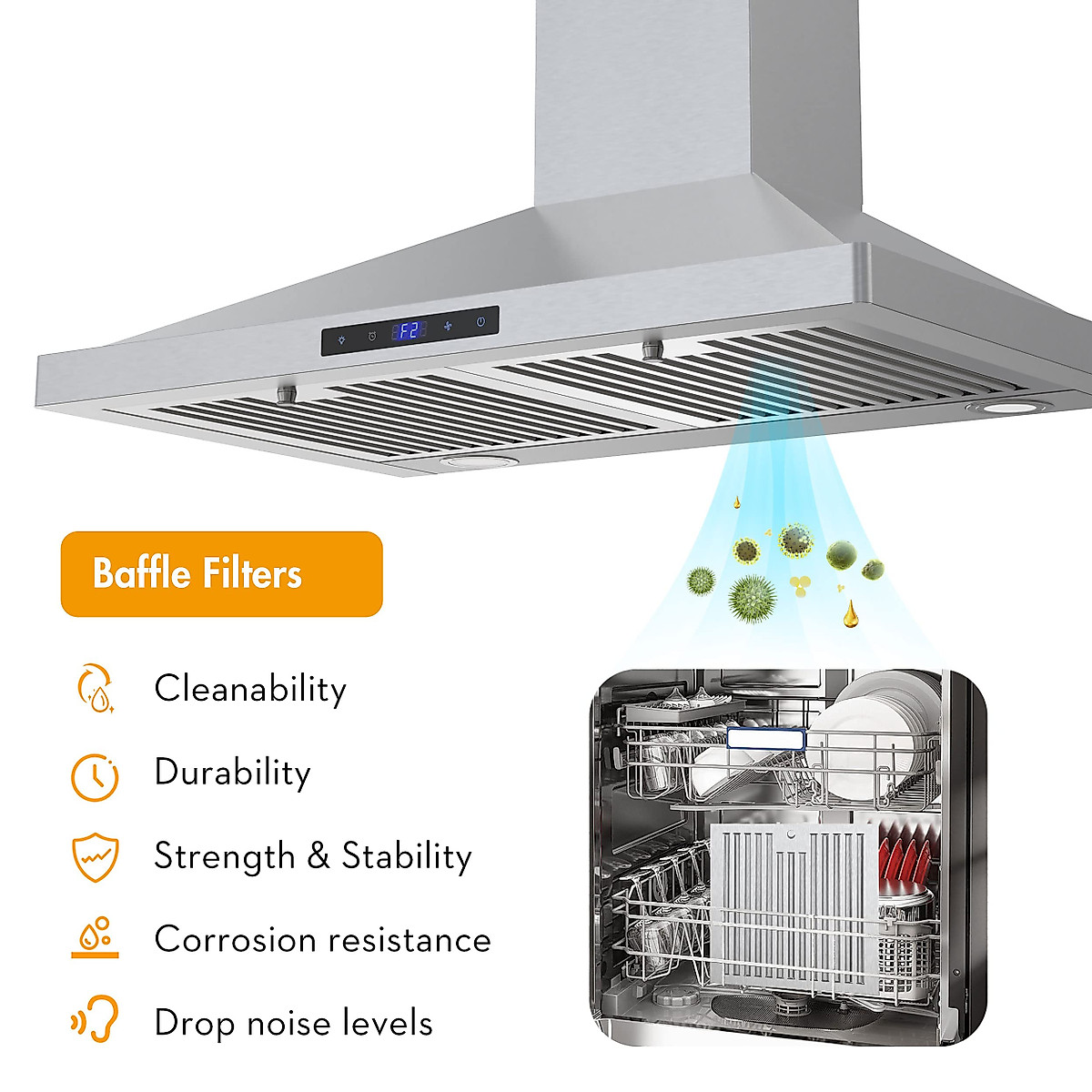 FIREGAS Range Hood 30 inch Wall Mount,450 CFM Ducted/Ductless Range Hood with Stainless Steel,Stove Hood Vent for Kitchen with 3 Speed Fan,Permanent Filters,Led Lights,Digital Touch,Charcoal Filter