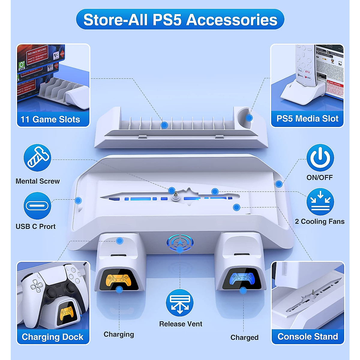 PS5 Stand with Cooling Station&Dual Controller Charger for Playstation 5 PS5 Console, CYKOARMOR PS5 Accessories with 5V/3A Adapter, PS5 Base with Cooler Fan, Charging Dock and Game Holder White