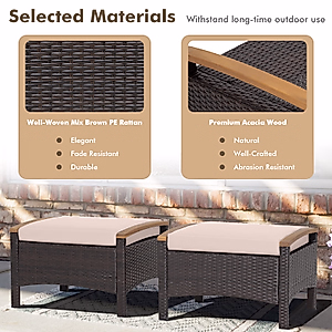 Tangkula 2 Piece Patio Rattan Ottomans, Outdoor Wicker Footstool w/Acacia Wood Handles, Soft Zippered Cushions, 3-in-1 Function Footstool Seat & Side Table for Backyard, Balcony, Poolside (Beige)