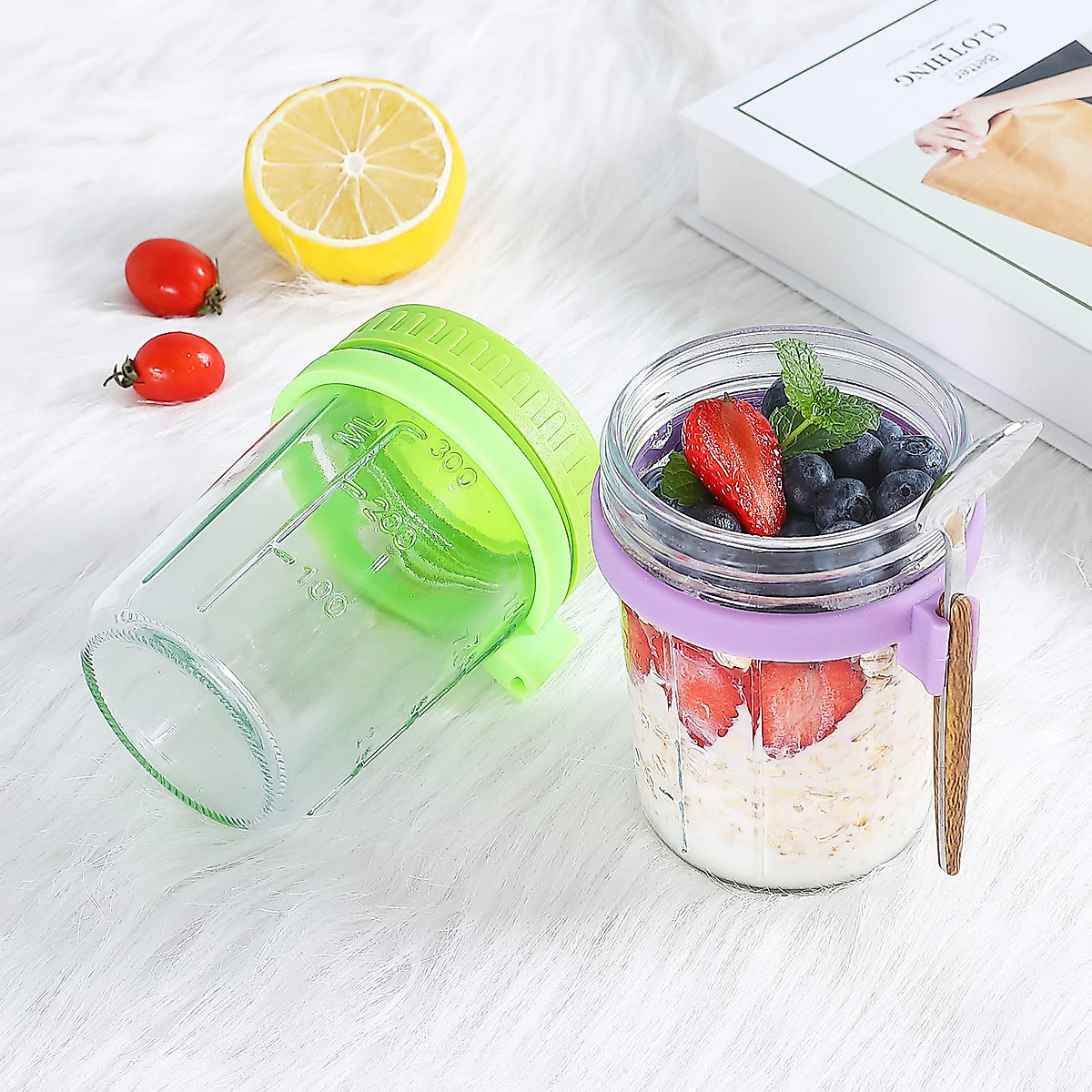 DANALLAN Overnight Oats Containers with Lids and Spoons, 4Pcs Overnight Oats Jars 10 oz Large Capacity Airtight Mason Jars for Overnight Oats Milk Vegetable Fruit Salad Cereal