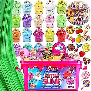 Fluffy Butter Slime Kit for Girls/Boys-49 Pcs-20 Large Slime Gift Set w/Storage Box Keeps Slime Fresh Avoids Drying Out-Slime Charms w/Organizer-Ice Cream Cones Cupcake Sprinkles & Stickers