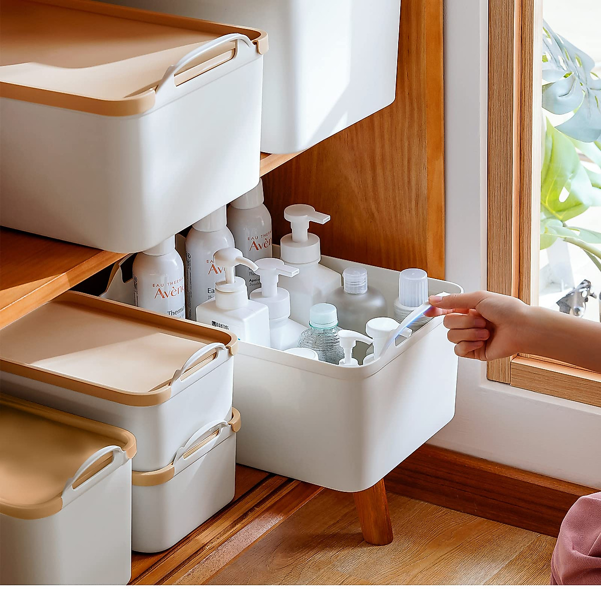 ANMINY 8PCS Plastic Storage Bins Containers with Lids, Large White Storage Organization Bins Boxes, Lidded Plastic Storage Baskets for Closet Shelves Drawers Desktop Home Office, Wheat Lids