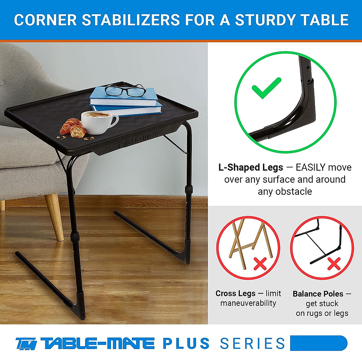 Table-Mate XL Plus Adjustable TV Table - Folding Couch Trays for Eating Snack Food, Stowaway Laptop Stand, Portable Bed Dinner Tray with 4 Set Angles, Black