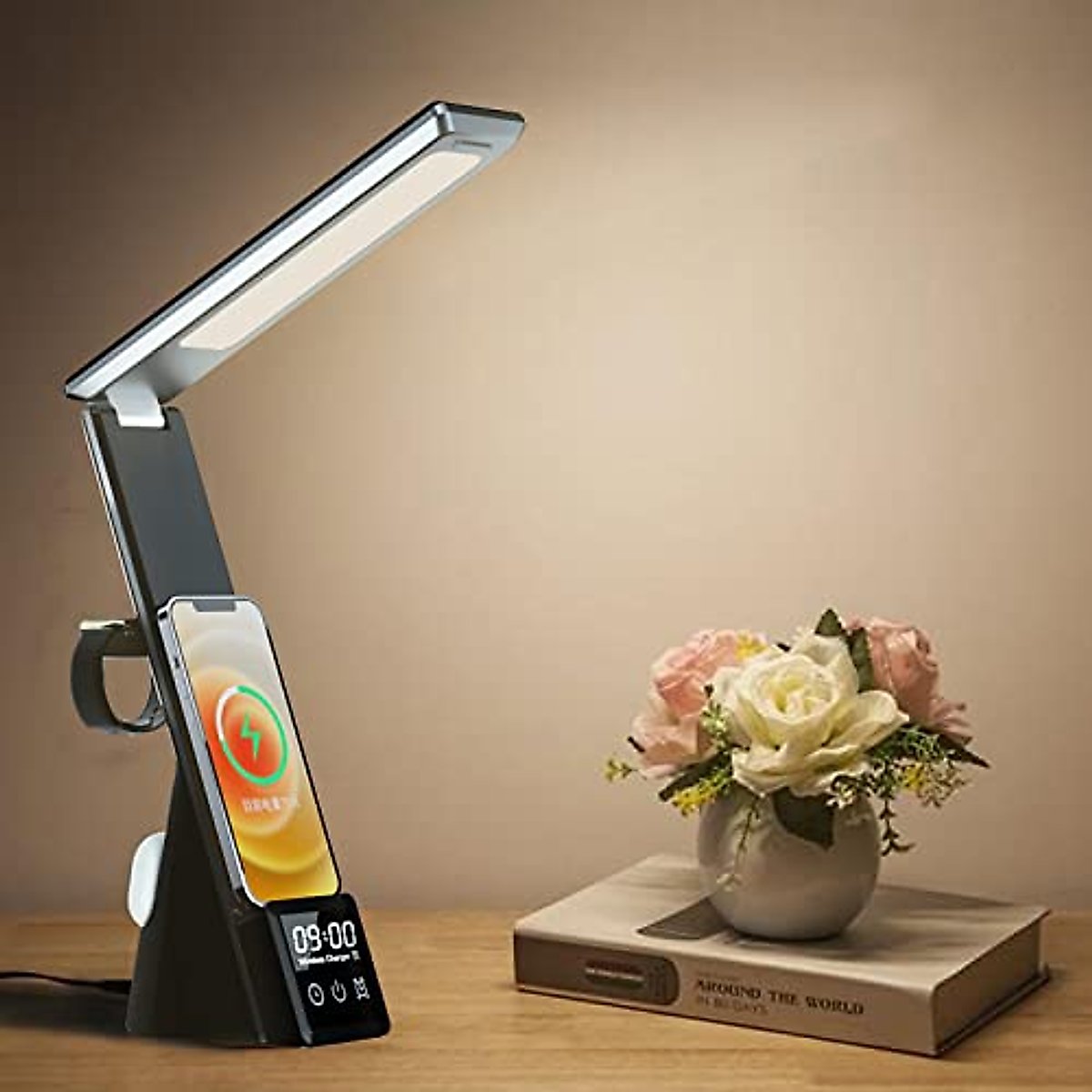 EzTechNest Desk Lamp – 3-in-1 Led Lamp with Built-in Wireless Phone Charger – Smart Desk Lamps for Home Office with Clock and Alarm Display – Dimmable Desk Lamp with Foldable Design